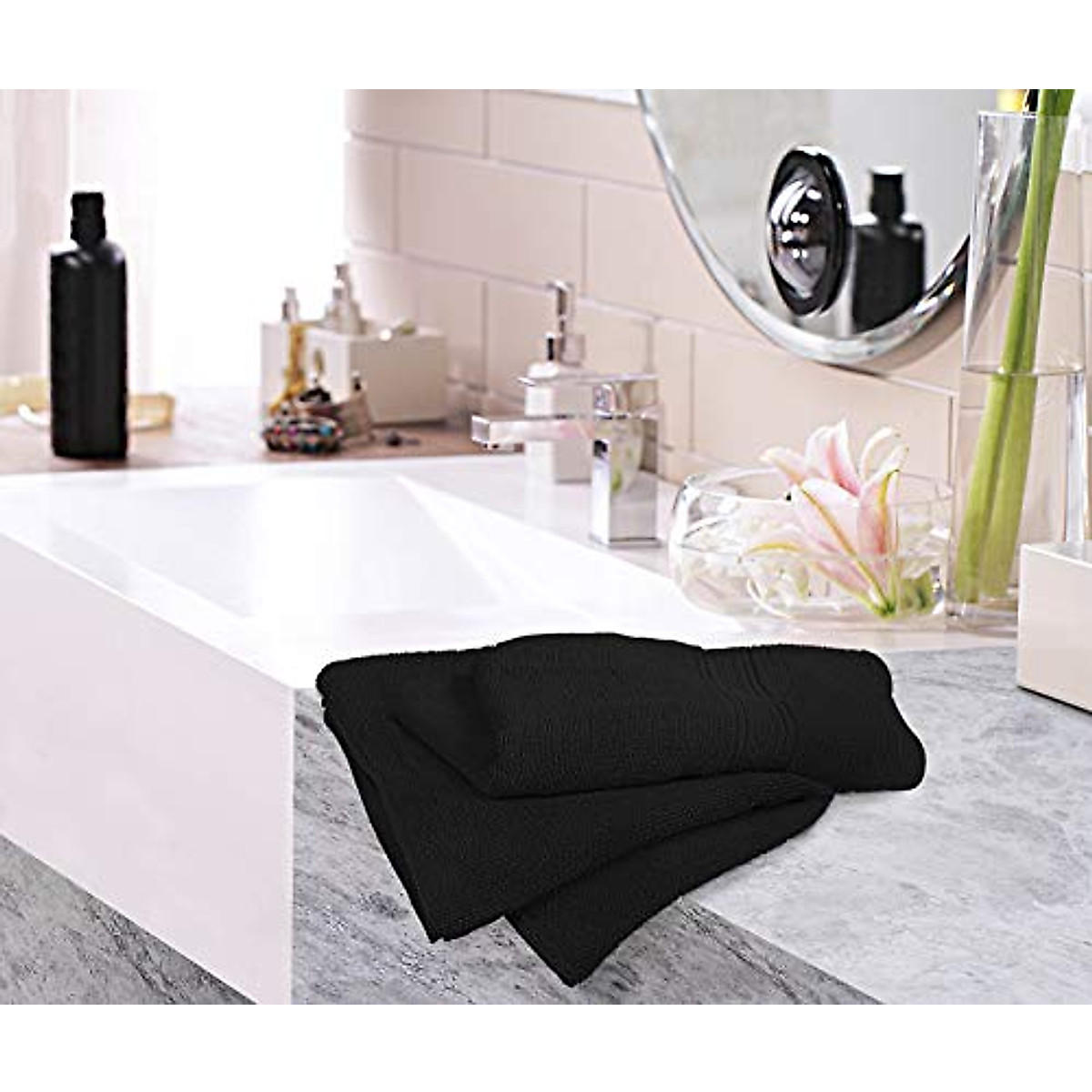 Utopia Towels Premium Bundle - Cotton Washcloths Black (12x12 inches) Pack of 24 with Black Hand Towels 600 GSM (16 x 28 inches), Pack of 6