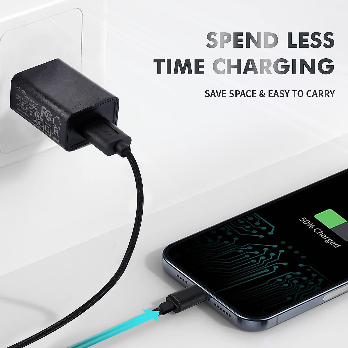 UL Listed Fast Charger for All Kindle Fire Tablets with 6.6Ft USB to Micro-USB and USB-C 2IN1 Nylon Braided Cable (Designed for use with All Fire Tablets and All Kindle E-Readers) (10W)