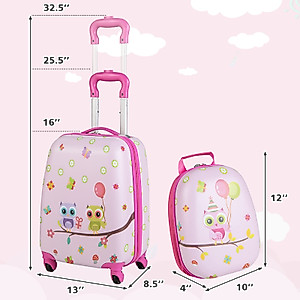 Olakids Kids Luggage Set, 16’’ Carry on Suitcase and 12’’ Travel Backpack with Wheels for Boys Girls, 2 Pcs Rolling Spinner Trolley Case Gift for Children Toddlers (Pink Owl)