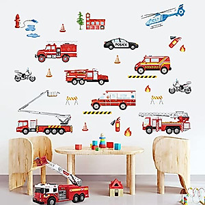wondever Fire Trucks Wall Stickers Transportation Firefighter Vehicle Peel and Stick Wall Art Decals for Kids Boys Bedroom Baby Nursery