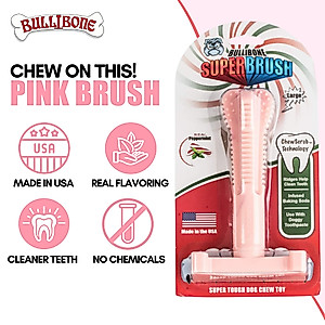 Bullibone SuperBrush: Dog Teeth Cleaning Brushing Toothbrush Stick - Long Lasting Nylon Pink Peppermint Chew Toy for Oral Care and Dental Health