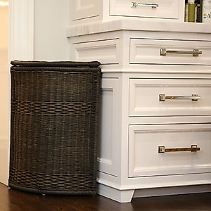 The Basket Lady Corner Wicker Trash Basket with Removable Metal Liner, 15 in L x 15 in W x 26 in H, Antique Walnut Brown