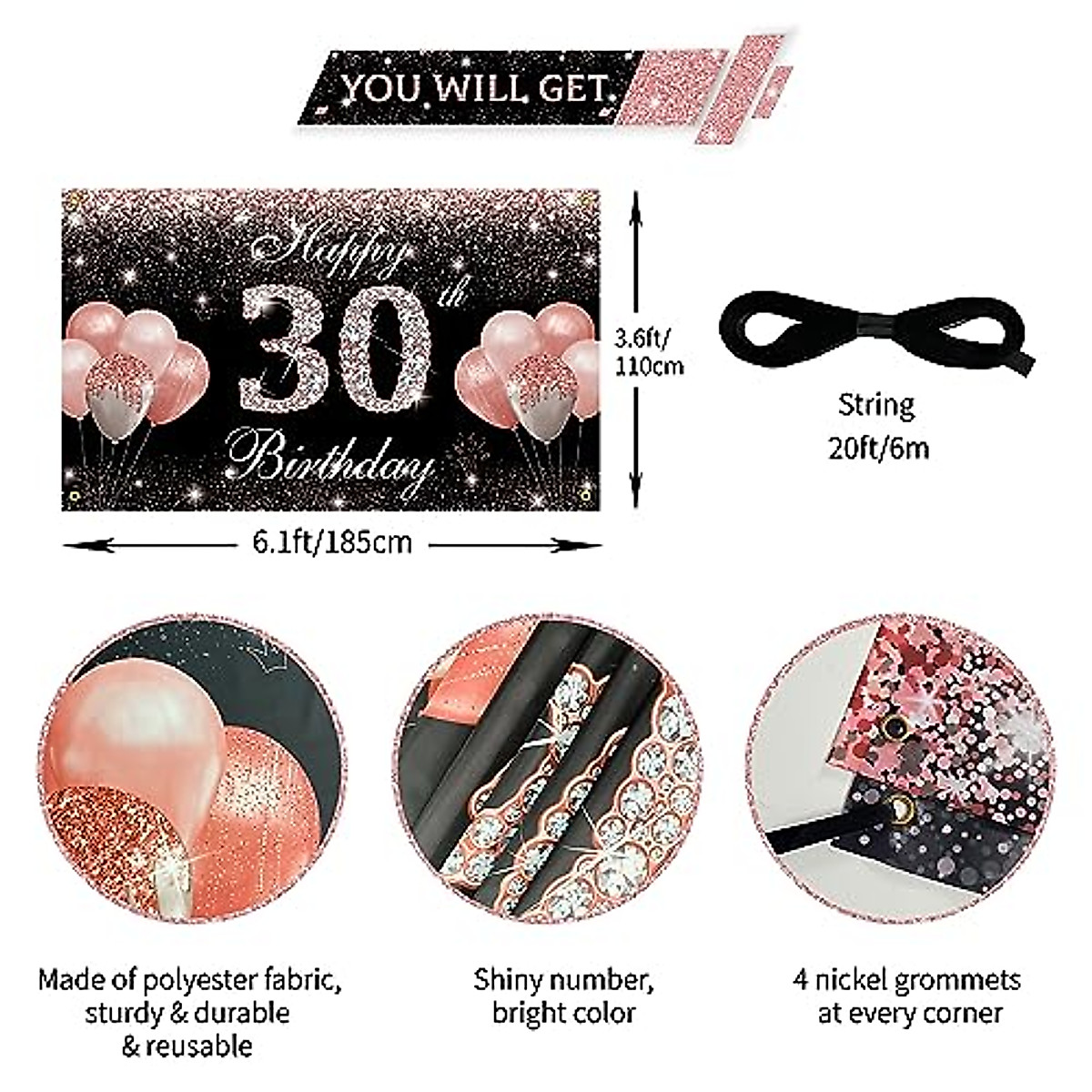 HTDZZI 30th Birthday Banner Backdrop Rose Gold, Happy 30th Birthday Decorations for Women, Fabulous 30 Years Birthday Party Yard Sign Photo Booth Props Decorations Supplies, Fabric