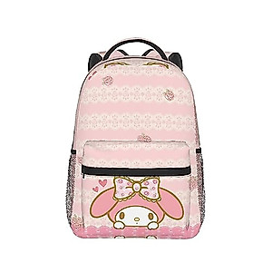 RODES Pink Bow My Bunny Melody Backpack My Bunny Melody Polyester Waterproof Bag Lightweight Travel Camping Backpack Women Daily Handbag Large Capacity Daypack With Keychain