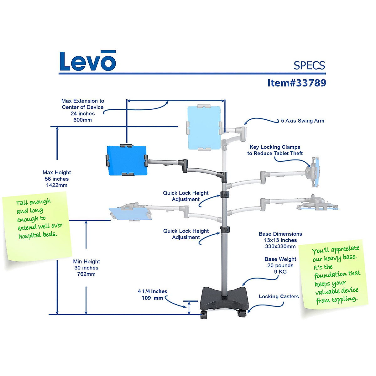 Levo Commercial G2 Deluxe iPad Rolling Floor Stand Cart Kiosk for Hospitals & Commercial with Locks for iPads, iPad Mini, iPad Pro, Galaxy, Nexus, Surface Pro, Fire, and Other Tablets and eReaders