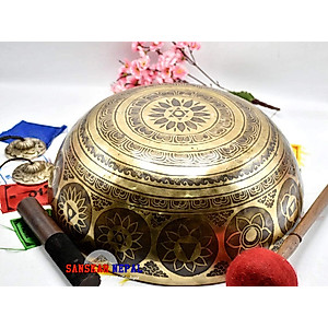Large Singing Bowl - 16 Inches in Diameter - Buddha's Feet Etched by Artisans from Nepal - For Healing, Sound Bath, Yoga, Relaxation, and Meditation Gold
