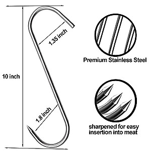 YMXDYM 10 Inch Meat Hooks for Butcher,Heavy Duty Stainless Steel Meat Hooks for Hanging Beef, for Smoker Hot and Cold Smoking,Bacon Hams Duck Turkey, Chicken Hunting Smoking Ribs 6 Pack