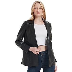 RISISSIDA Women Faux Leather Blazer Jacket Vegan Pleather Coat Black XX-L