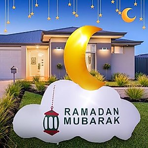 Dawdix 5FT Ramadan Inflatable Decorations, Eid Mubarak Inflatable Crescent Moon Decoration, Blow Up Ramadan Mubarak Yard Decor with LED Lights for Muslim Holiday Party, Garden