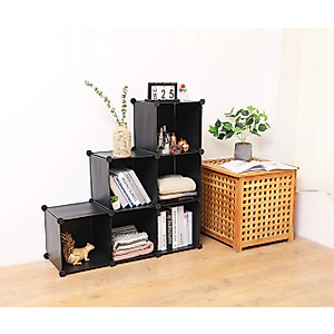 YCOCO 6 Cubes Storage Modular Cubes,DIY Plastic Closet Organizer Storage Shelves Cubes with Wooden Hammer,Stackable Bookcase for Bedroom Living Room Office,Black