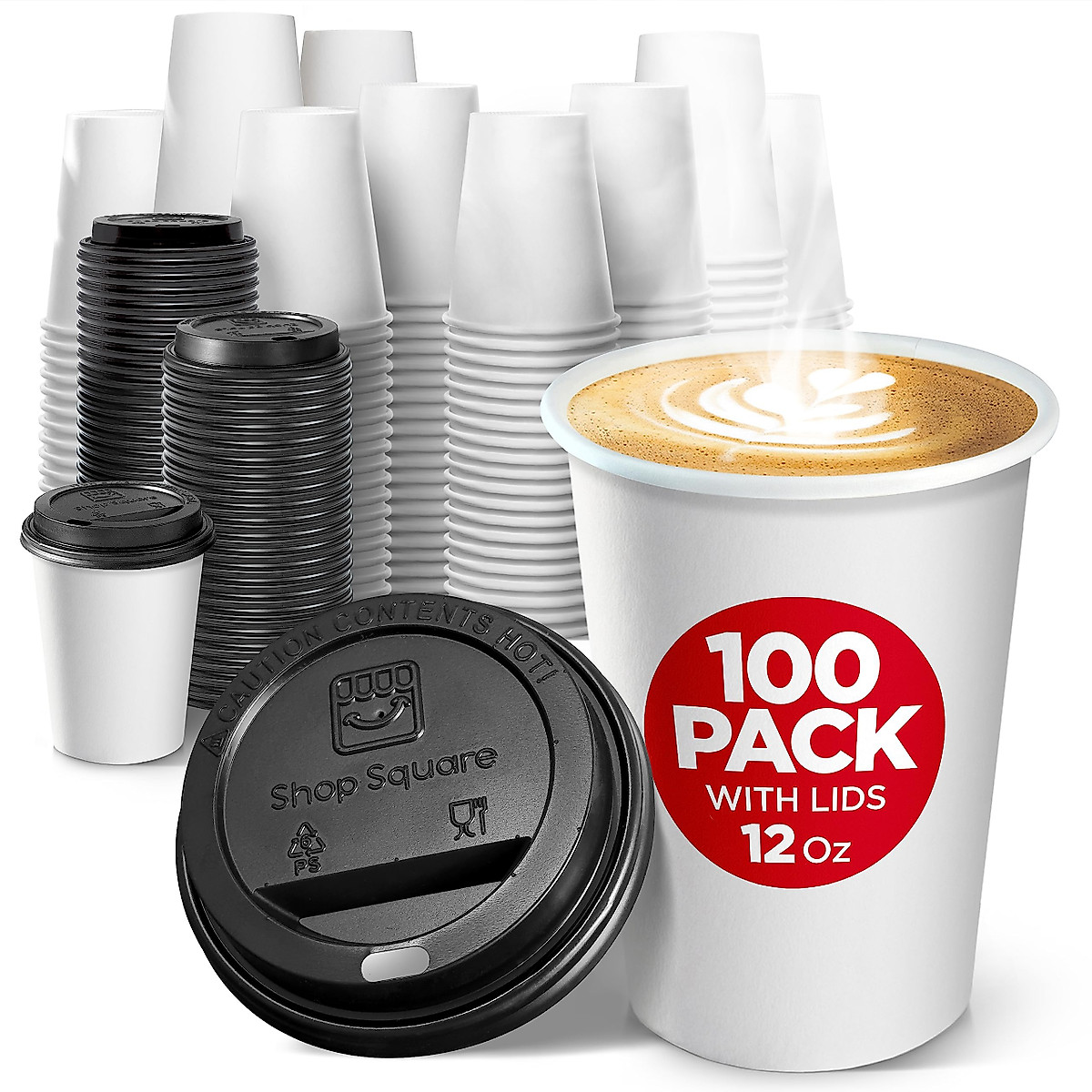 Disposable Coffee Cups with Lids 12 oz (100 Pack) - To Go Coffee Cups for Hot & Cold Drinks, Tea, Hot Chocolate, Water - Poly-Coated for No Condensation with Rolled Edge - Coffee Cup Bundle