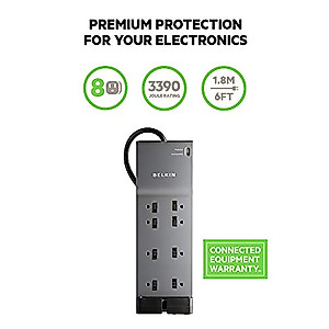 Belkin Power Strip Surge Protector with 8 Outlets, 6 ft Long Flat Plug Heavy Duty Extension Cord + Overload Protection for Home, Office, Travel, Compuer Desktop & Phone Charging Brick (3,550 Joules)