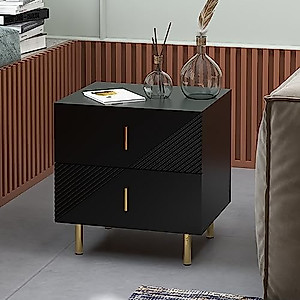 kudikt Black Nightstand with Drawer： Large Nightstand with 2 Drawers Wooden Nightstand for Bedroom Nightstands Black with Gold Adjustable Legs