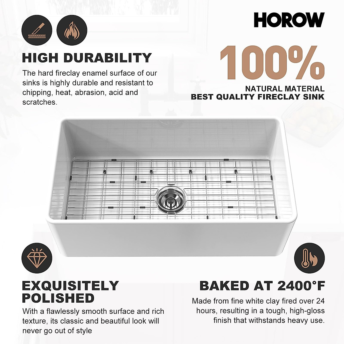 HOROW HRSW Farmhouse Kitchen Sink, 30 x 20 Single Bowl Sink with Bottom Grid & Strainer,Large Apron-front Ceramic Porcelain Sink Basin, 20"D x 30"W x 10"H, White