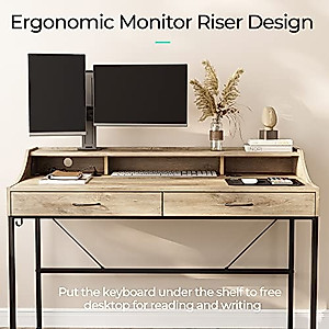 LINSY HOME Computer Desk with Two Drawers and LED Light, 47-inch Writing Desk Study Table with Monitor Stand Riser for Home Office, Light Brown