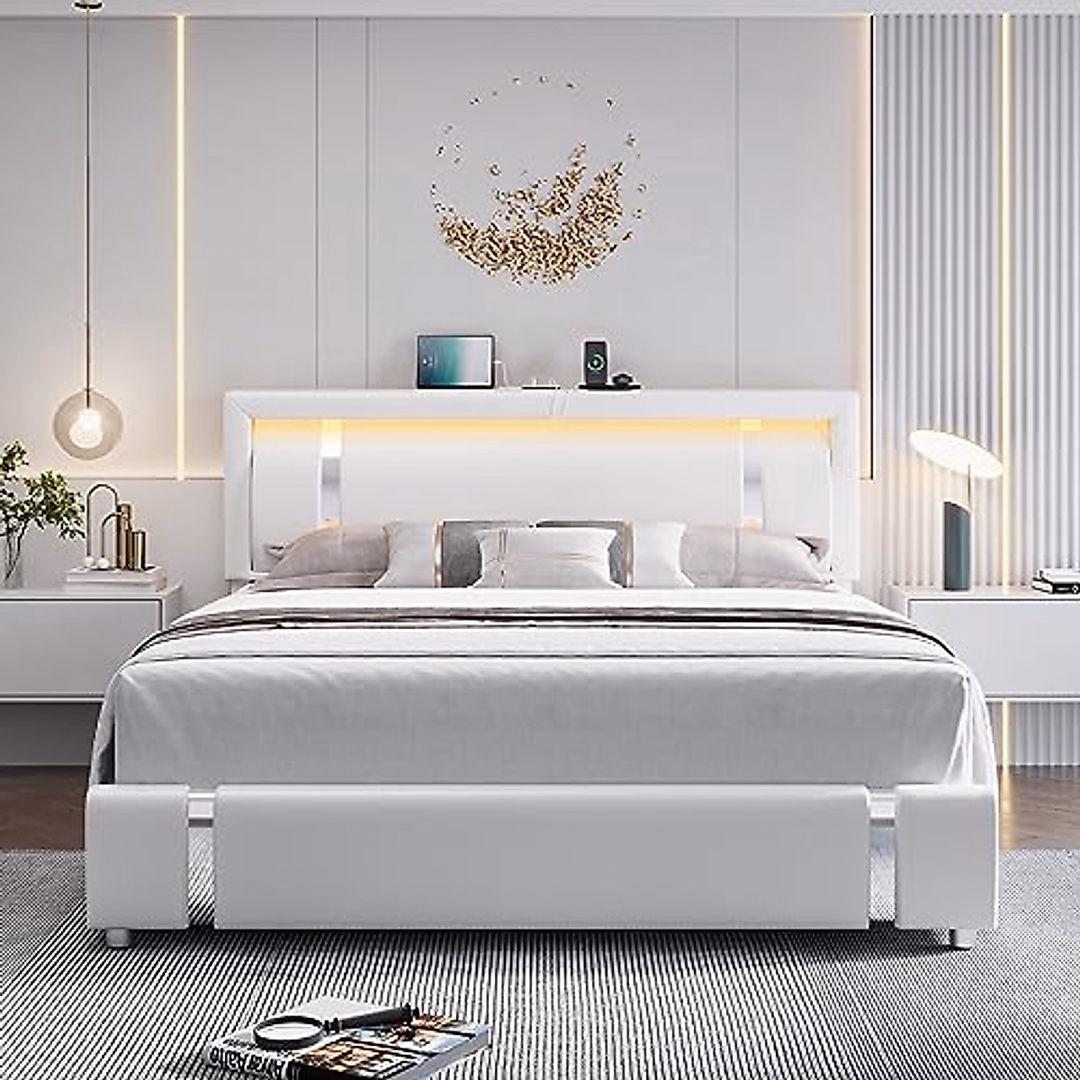 Queen Bed Frame with RGB LED Lights Headboard & 2 Storage Drawers, Modern Upholstered Faux Leather Smart Platform Bed with Iron Metal Decor, USB & USB-C Charging Ports, No Box Spring Needed, White