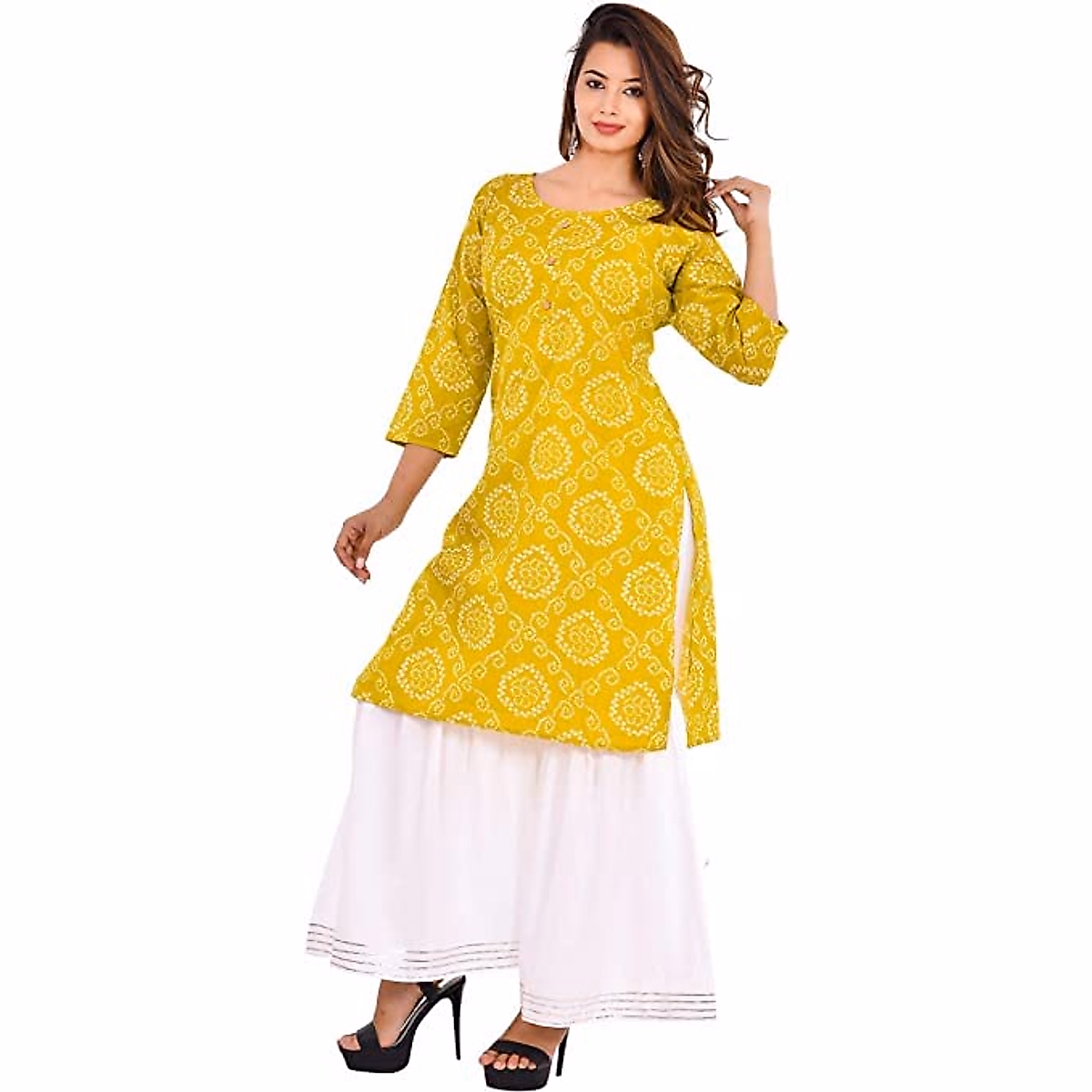 Vrnda Indian Women's Jaipuri Bandhani Printed Straight Cotton Kurti & Rayon Sharara Set For Women (L)