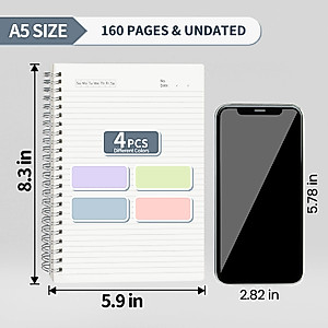 SUNEE 4 Pack Spiral Notebook - A5 Lined Journal Notebook 5.9 x 8.3 inches 8mm Ruled 80 Sheets/160 Pages - Journals for Study and Notes (pink, blue, green, purple)