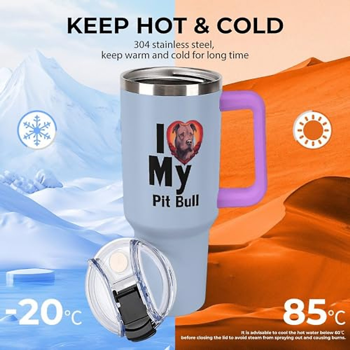 I LOVE My Pit Bull 40 Oz Car Cup Stainless Steel Travel Mug Leak-Proof Insulated Tumbler with Handle Violet-style