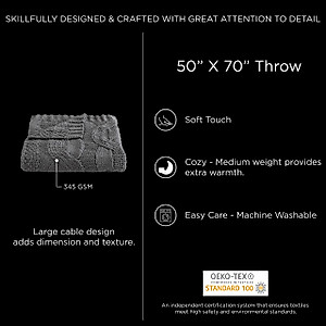 Vera Wang- Throw Blanket, Ultra Soft Chenille Home Décor, All Season Designer Bedding (Large Cable Knit Charcoal Grey, 50 x 70)