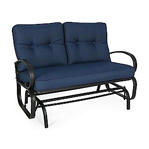 Iwicker Patio Glider Bench Swing Chair Outdoor Rocking Loveseat with Cushions (Navy Blue)