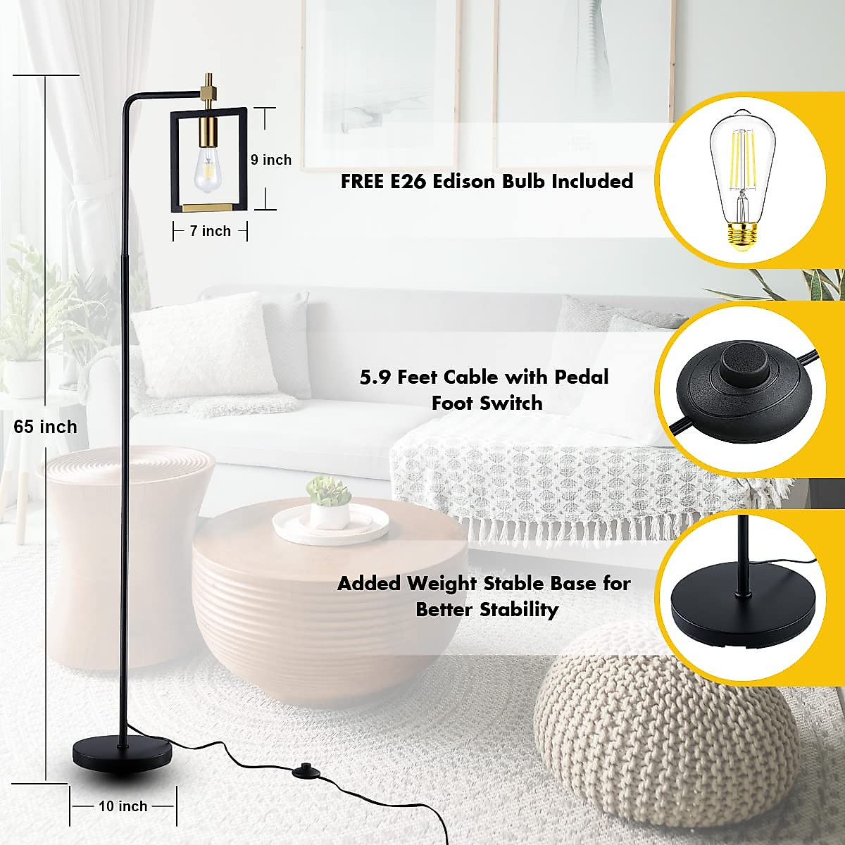 Hamilyeah Industrial Floor Lamp for Living Room, Mid Century Standing Lamp for Bedroom, Farmhouse Black and Gold Tall Lamp for Office, Stand up Lamp with Pedal Foot Switch, Edison E26 Bulb Included