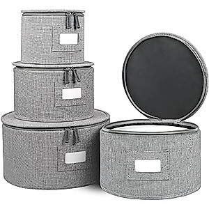 China Storage Set, Hard Shell 4-Piece Set for Plate Storage and Transport, Protects Dishes Coffee Mugs and Tea Cups have Lable Window for Saucers and Stackable,Felt Plate Dividers Included (China Storage)