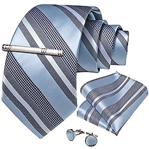 DiBanGu Mens Striped Tie Silk Woven Necktie and Pocket Square Cufflinks Tie Clip Set Wedding Business Formal Gift Tie for Men, Sky Blue and Grey