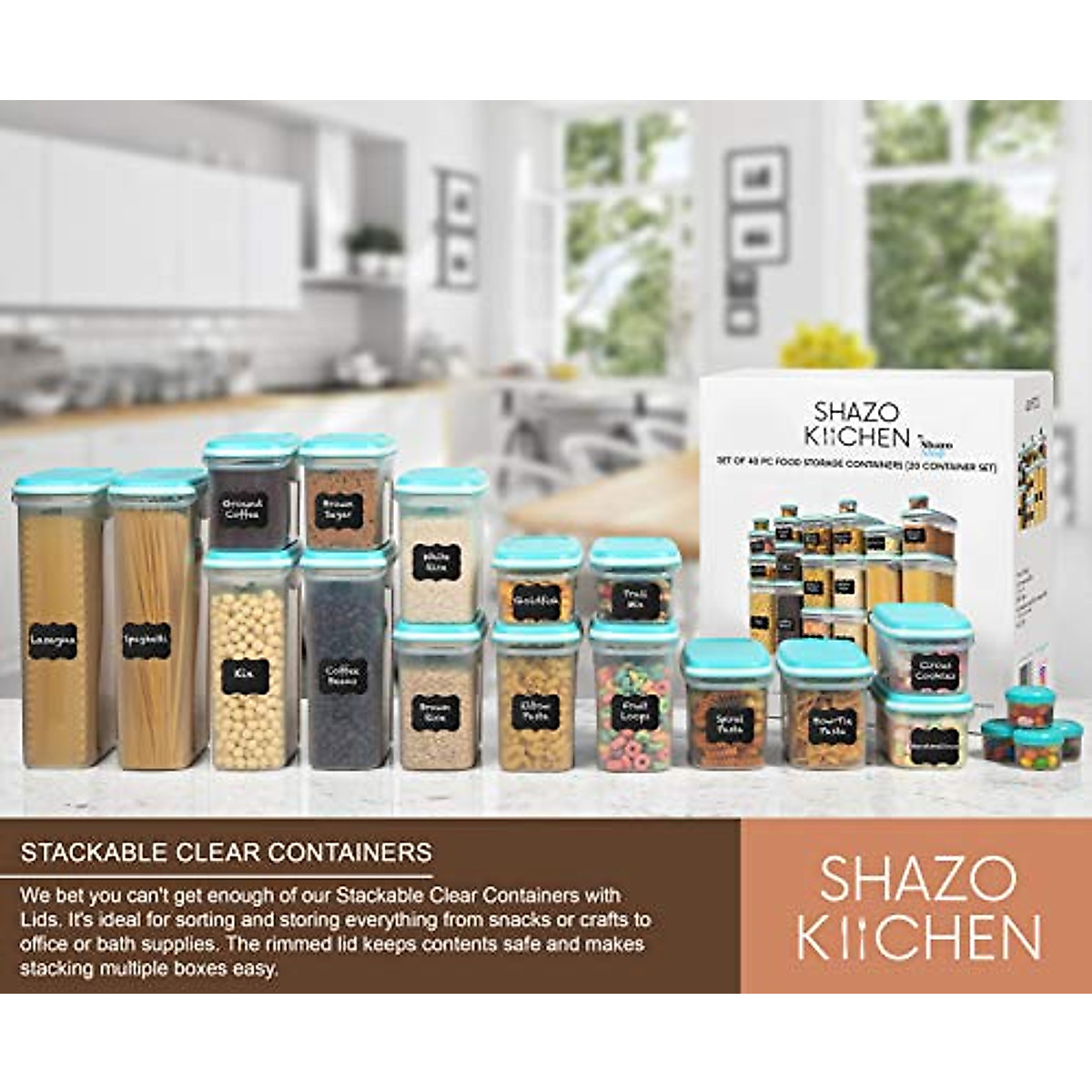 Shazo LARGEST Set of 40 Pc Food Storage Containers (20 Container Set) Airtight Dry Food Space Saver w Interchangeable Lid, Labels + Marker - One Lid Fits All - Reusable