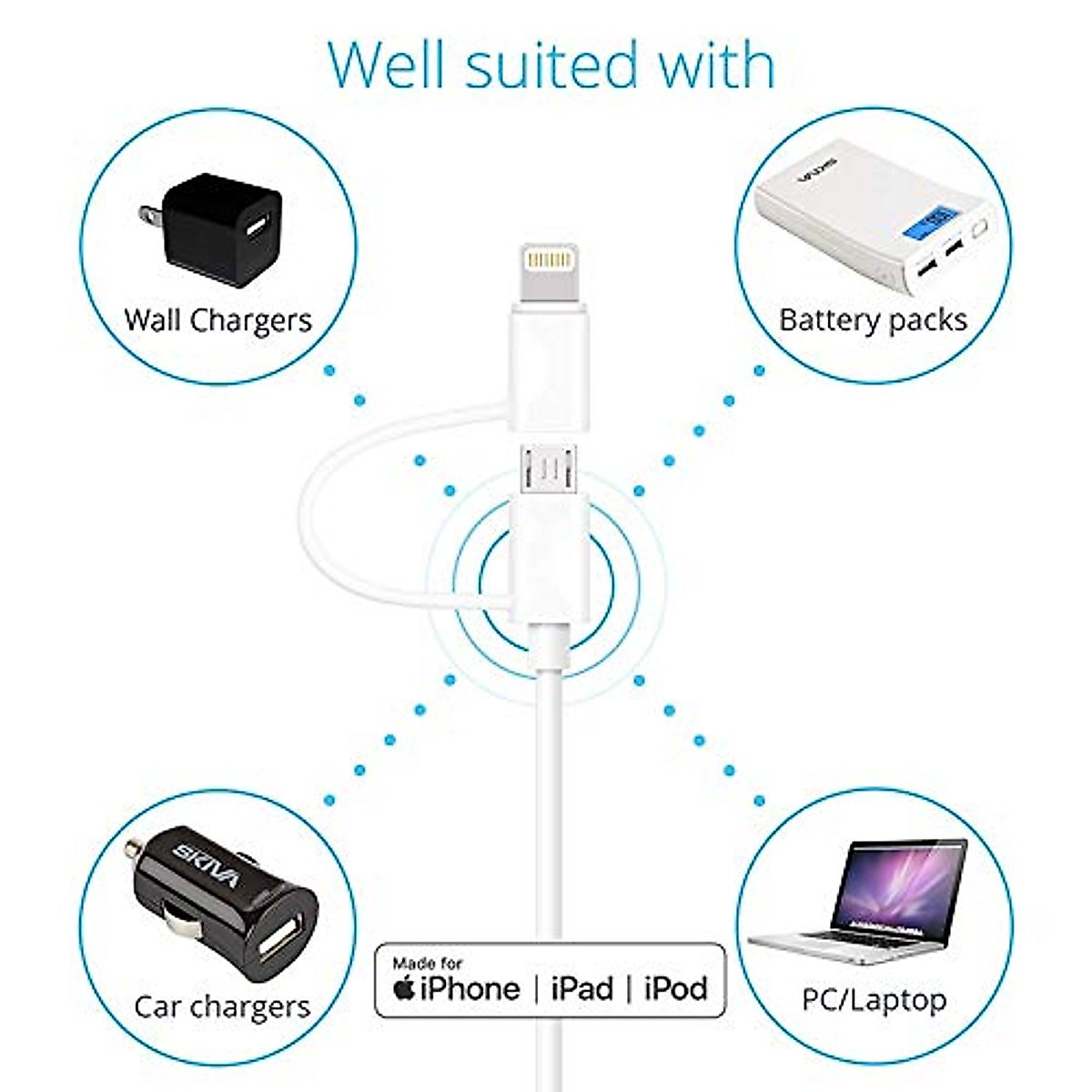 Apple MFi Certified 2 in 1 iPhone Charger Lightning Cable and Micro USB to USB Charger Cord, Compatible iPhone X, 8, 8 Plus,7 Plus, Android Data Cable 2 in 1 White(6FT)
