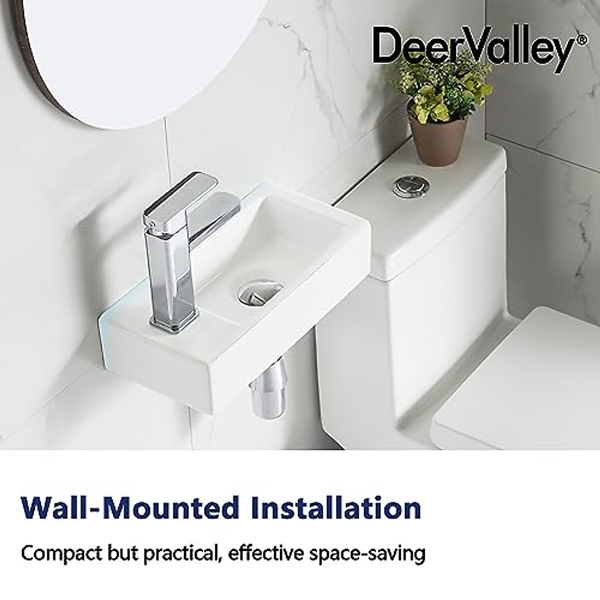 DeerValley DV-1V081L Liberty Wall Mount Sink, Rectangle Mini Vessel Sink,Small Bathroom Cloakroom White Porcelain Ceramic Wash Basin Right/Left Hand (Left Hand) (Left Hand)