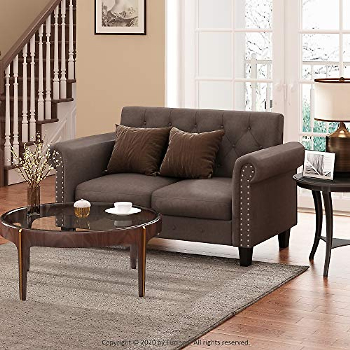 Furinno Bastia Vintage Modern Chesterfield Button Tufted Loveseat/Sofa Couch for Living Room, Brown Faux Leather