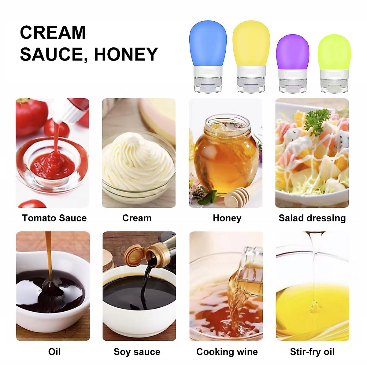AICMEI 4-Pack Squeeze Salad Dressing Bottles, Leak Proof Food Storage Sauce Bottles Sauce Bottles, Portable Small Salad Dressing Containers,Food-grade Silicone- 4 Colors(1.3oz and 2 oz)