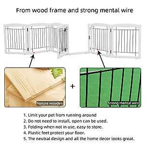 ZJSF Free standing Panel Dog Gate with Door for Indoor,Doorways,House, Hallways,or Stairs Freestanding Foldable Gate for Dog White Wooden Puppy Gate Pet Gate 24''H