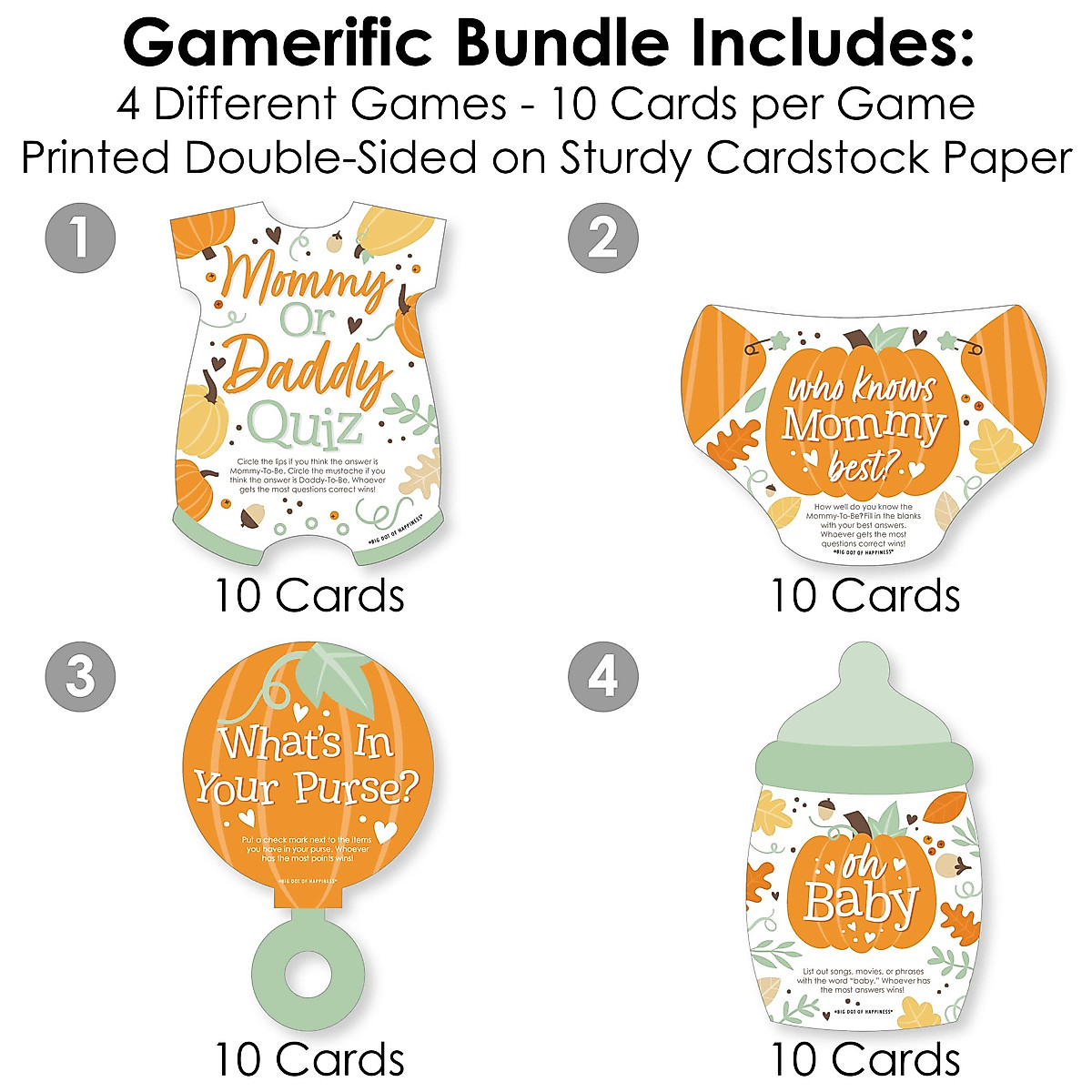 Big Dot of Happiness Little Pumpkin Decorations, 4 Fall Baby Shower Games, 10 Cards Each - Who Knows Mommy Best, Mommy or Daddy Quiz, What’s in Your Purse and Oh Baby - Gamerific Bundle