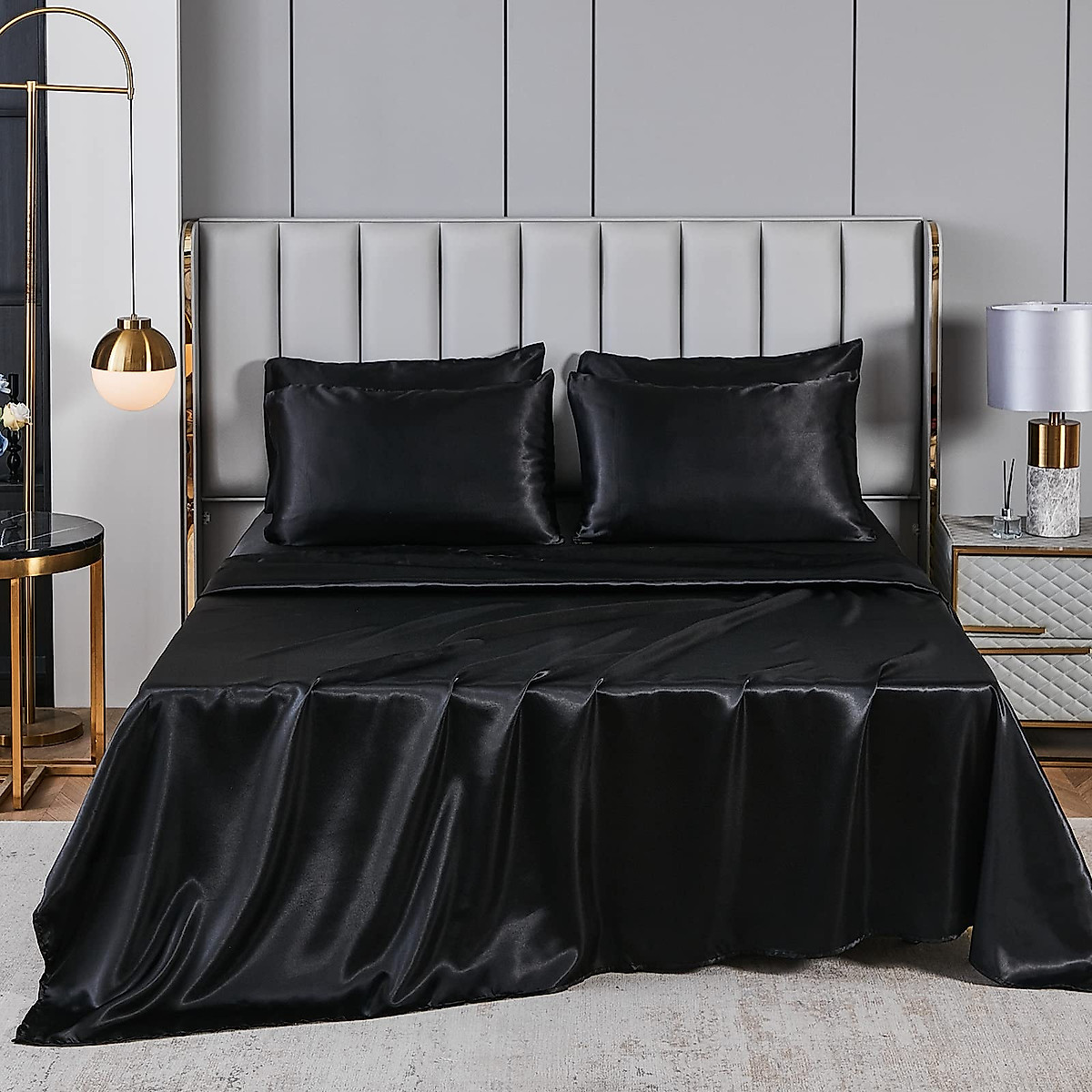 Black Silky Comforter Set Satin Queen Bed in a Bag 8 Pieces Luxury Hotel Silky Bedding with 1 Comforter, 1 Flat Sheet, 1 Fitted Sheet, 4 Pillowcases, 1 Cushion Cover (Queen, Black)