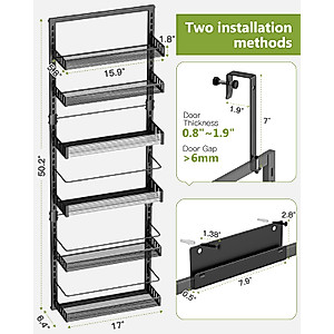 POKIPO 6-Tier Over the Door Pantry Organizer, 2 in 1 Large Door Spice Rack with Adjustable Metal Baskets, Heavy Duty Hanging or Wall Mounted Storage Organizer for Kitchen Pantry and Room Wall