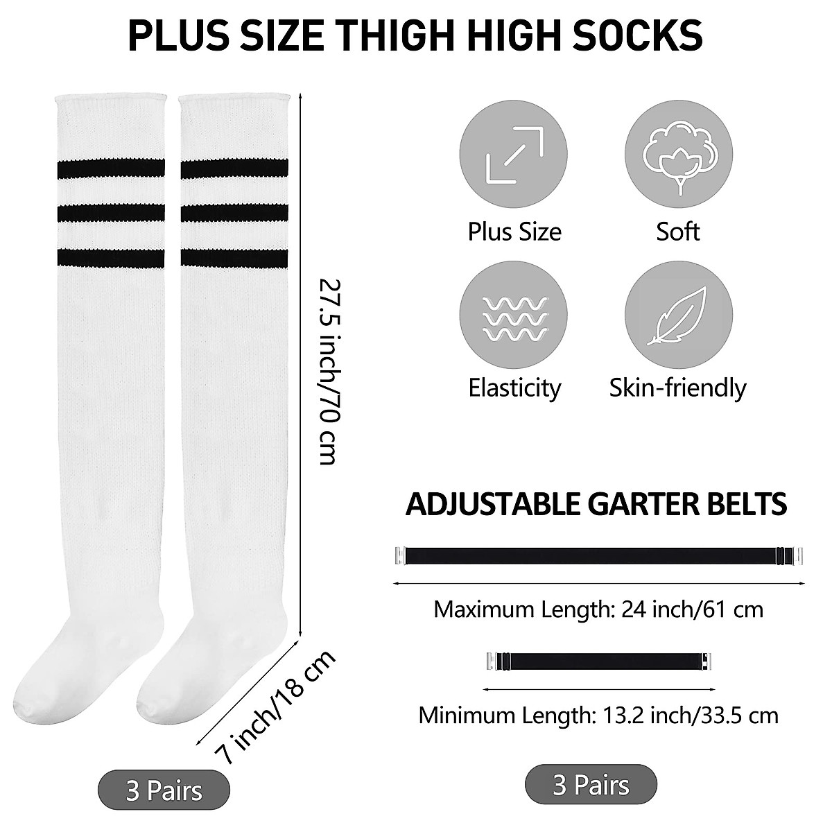 Apoway 3 Pairs Plus Size Thigh High Socks Over the Knee Extra Large Thigh High Stockings for Women with Garter Belts