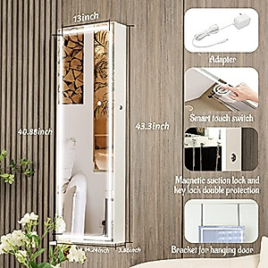 KEDLAN Jewelry Armoire Organizer, Lighted Full Length Mirror with Jewelry Cabinet,LED Wall/Door Mounted Jewelry Box for Women,Makeup Organizers and Storage with Magnetic Lock,White