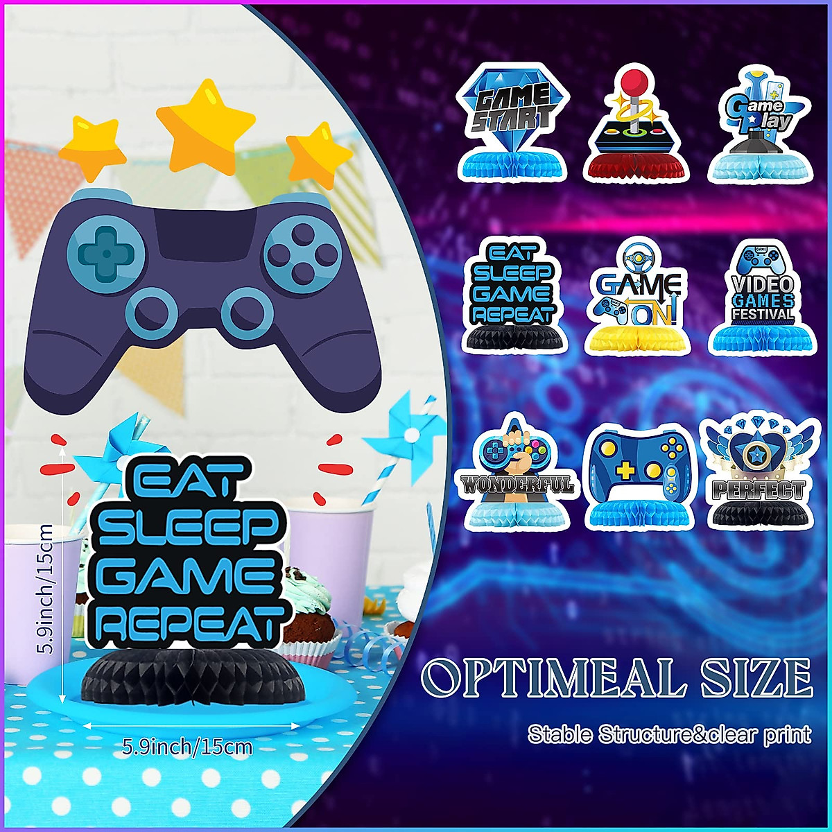 9 Pcs Video Game Honeycomb Centerpieces Video Game Birthday Table Decorations For Boys Blue Game Table Toppers 3D Gaming Party Decorations for Kids Boys Game Themed Birthday Baby Shower