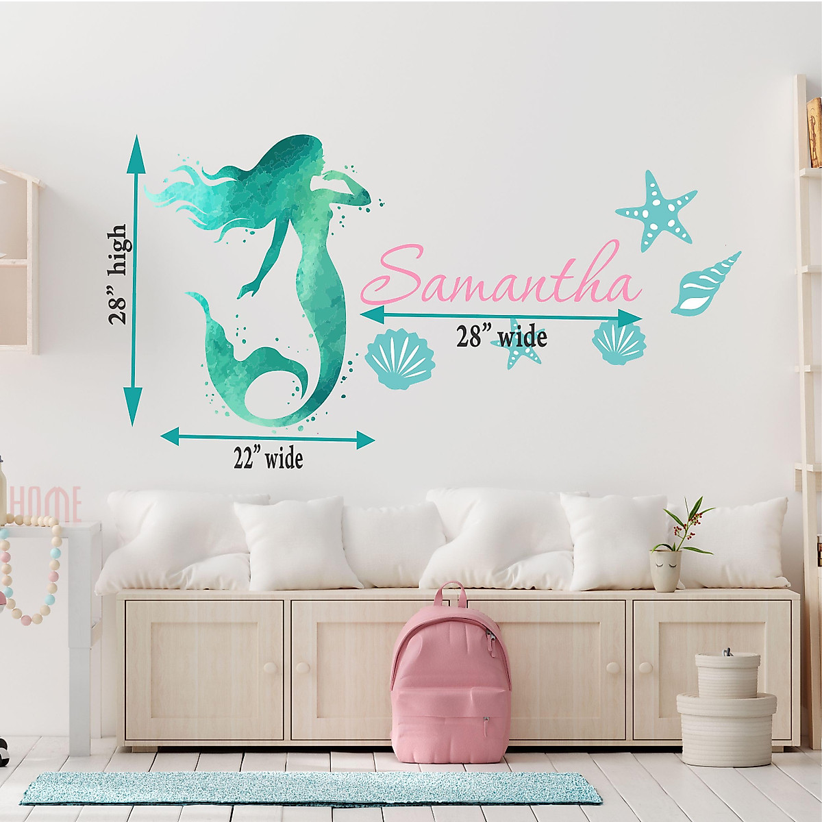 Girls Custom Personalized Watercolor Name Mermaid and Shells Nursery Decor Wall Decal Stickers (Medium)
