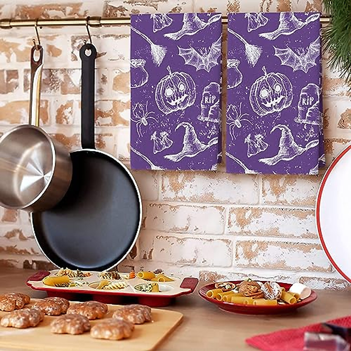 Kitchen Towels Happy Halloween Purple Absorbent Tea Towel Soft Hand Dish Towel Pumpkin Witch Bat Reusable Washable Cleaning Cloth Hand Bath Towels for Bathroom Bar for Everyday Cooking (Pack of 1)