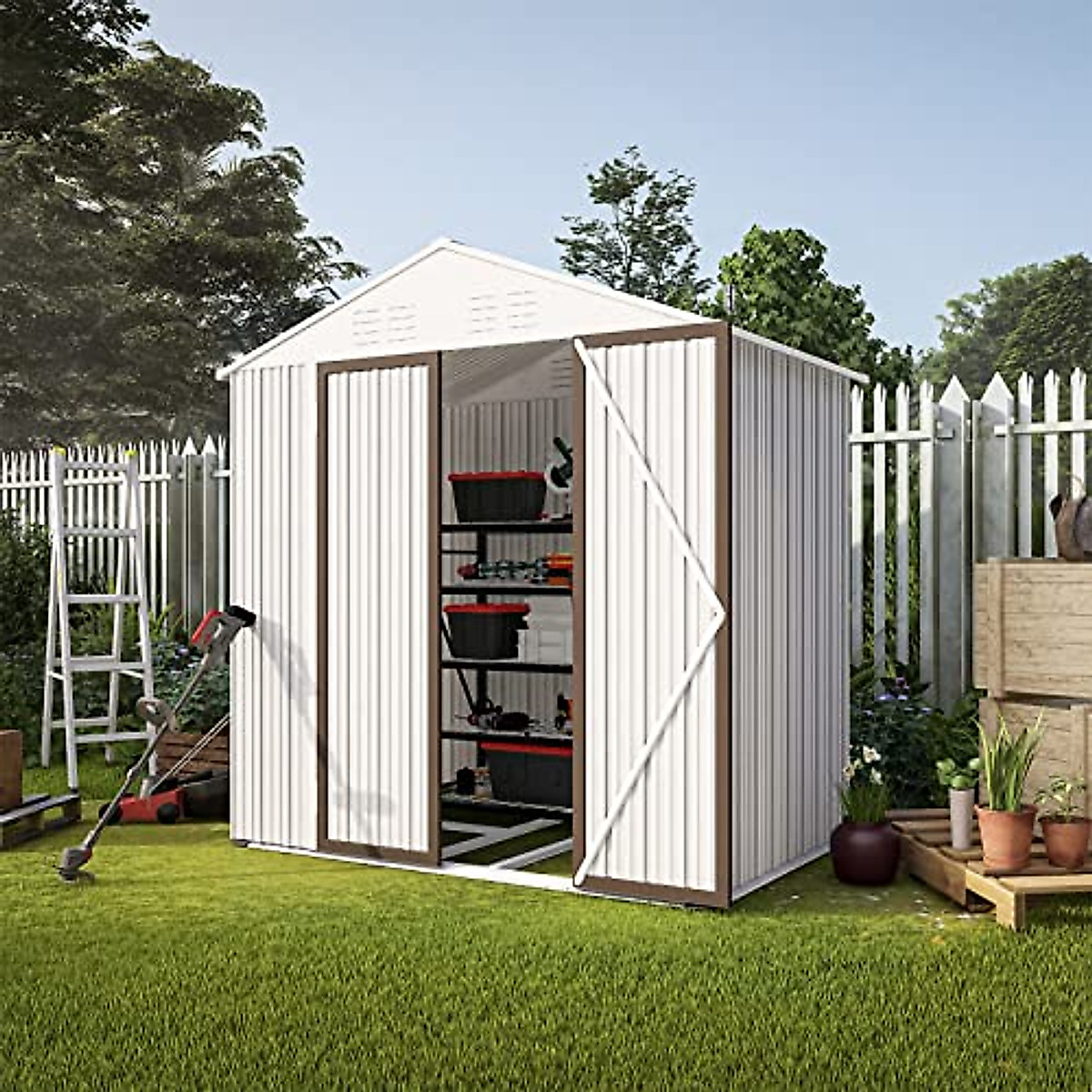 WIILAYOK 6' x 4' Outdoor Metal Storage Shed, Garden Shed with Floor Frame, Tool Storage Shed with Lockable Double Door and 3 Garage Hooks, Perfect for Backyard, Patio, Lawn