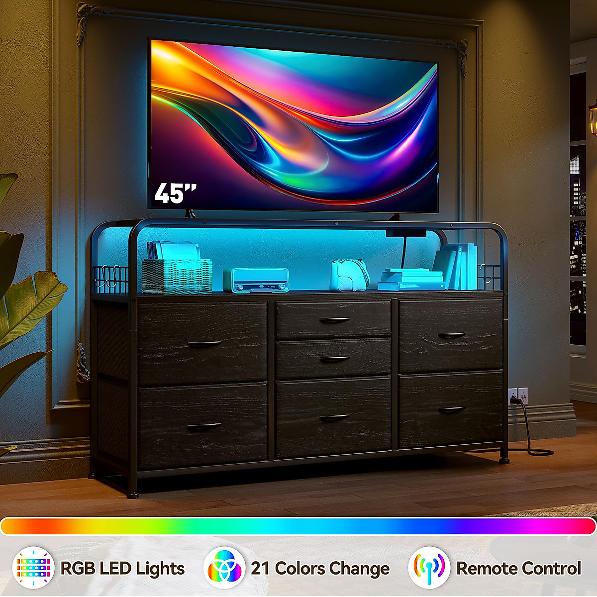 EnHomee Black Dresser for Bedroom with LED Lights & Charging Station, 7 Drawer Dresser with Open Shelf, Fabric Bedroom Dressers & Chest of Drawers for Closet, Entryway, Hallway, 4 Hooks