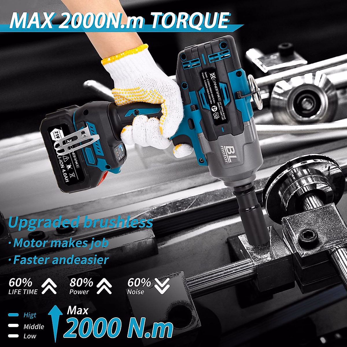 Canbrake 2000Nm(1500ft-lbs) Cordless Impact Wrench,3/4 inch High Torque Brushless Impact Gun, 5500RPM Power Battery Impact Wrench w/ 2 x 4.0Ah Battery, Fast Charger for Heavy Duty Truck Mower