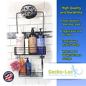 Gecko-Loc Extra Long Wide Adjustable Length over the showerhead hanging shower caddy organizer - for Shampoo, Soap, & Razors - Black