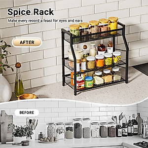 Dunatou 3 Tier Spice Rack, Kitchen Storage Organizer Shelf for Countertop, Metal Seasoning Storage Shelf with Guardrail and Mesh Design for Kitchen, Countertop, Dining Room, Black