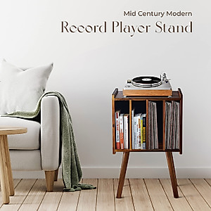2BHOME Wooden LP Record Player Stand with 4 Cabinets, Holds up to 100 Vinyls, Metal Record Storage Holder and Organizer Table, Classical Design for Files/Book (Mid-Century Modern)