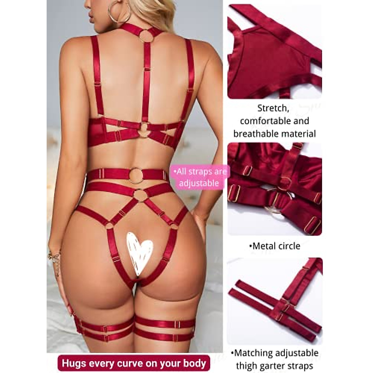 Kaei&Shi Garter Belt Thong Lingerie for Women,Strappy Hollow Out Underwire Racerback Sexy Lingerie,Harness Garter Leg Strap Matching 4 Piece Lingerie Set Boudoir Burgundy Medium