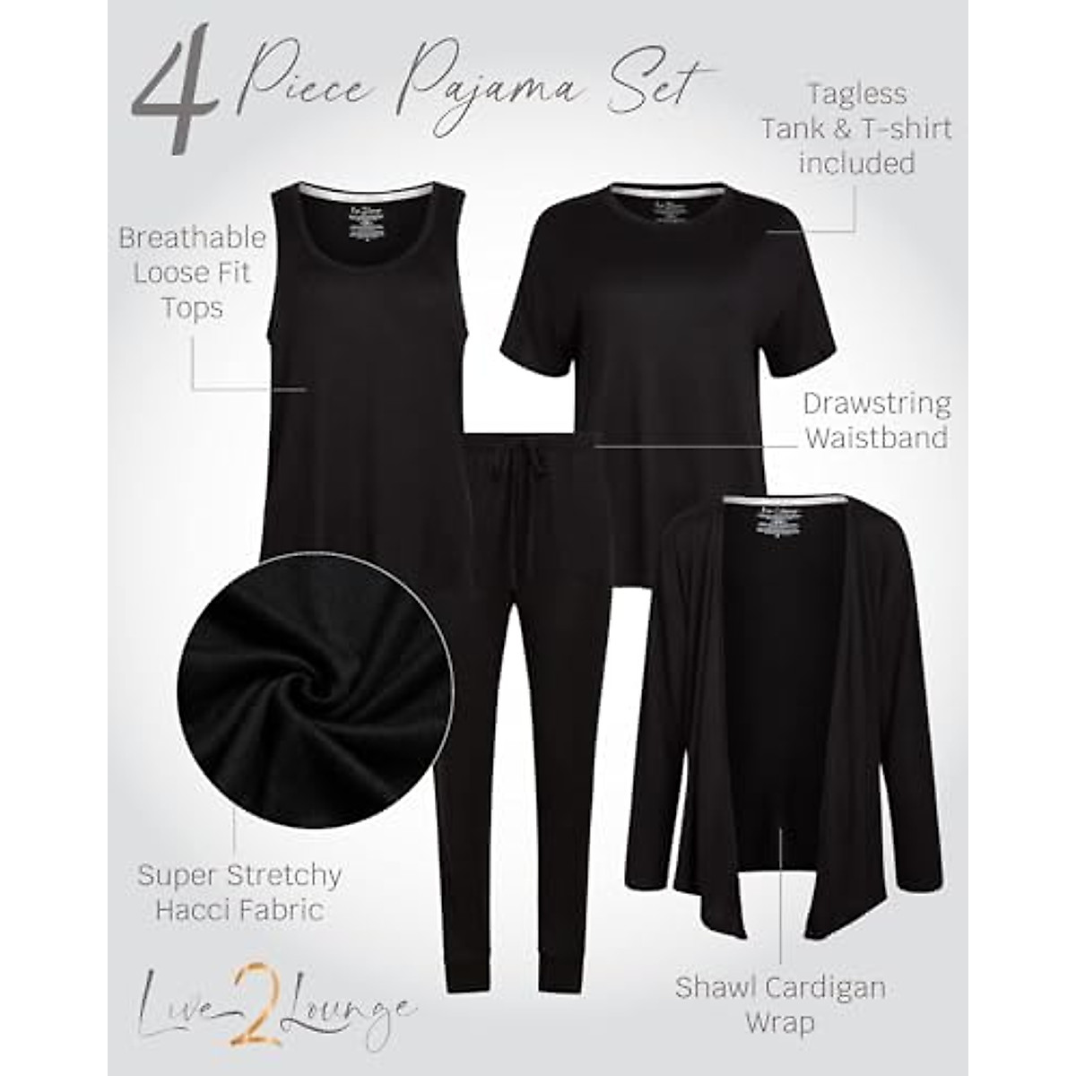 Live2Lounge Women's Pajama Set - 4 Piece Wrap Cardigan, T-Shirt, Tank Top, and Jogger Pants (S-XL), Size X-Large, Black